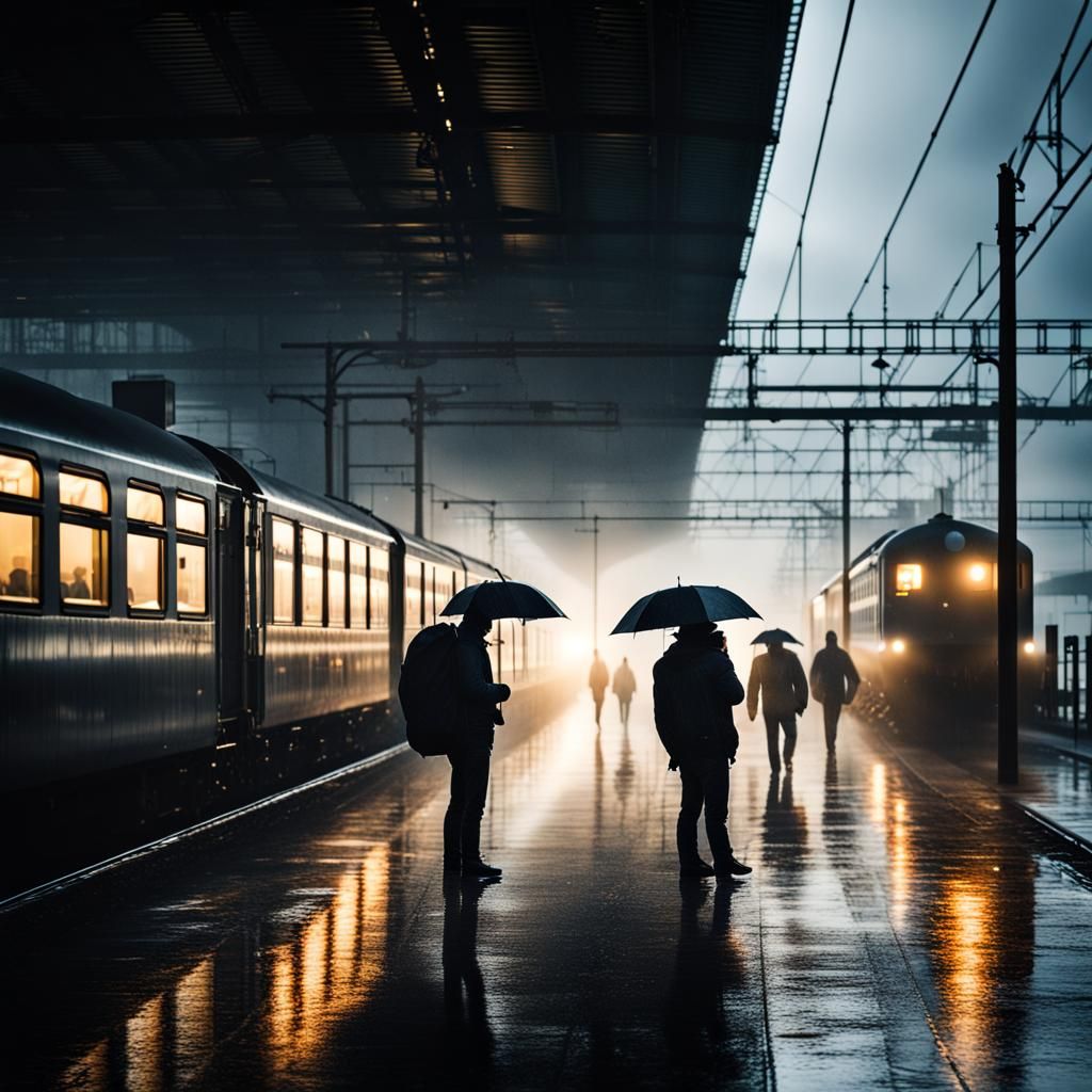 people in backlight at the train station and port, rain, fog, double ...