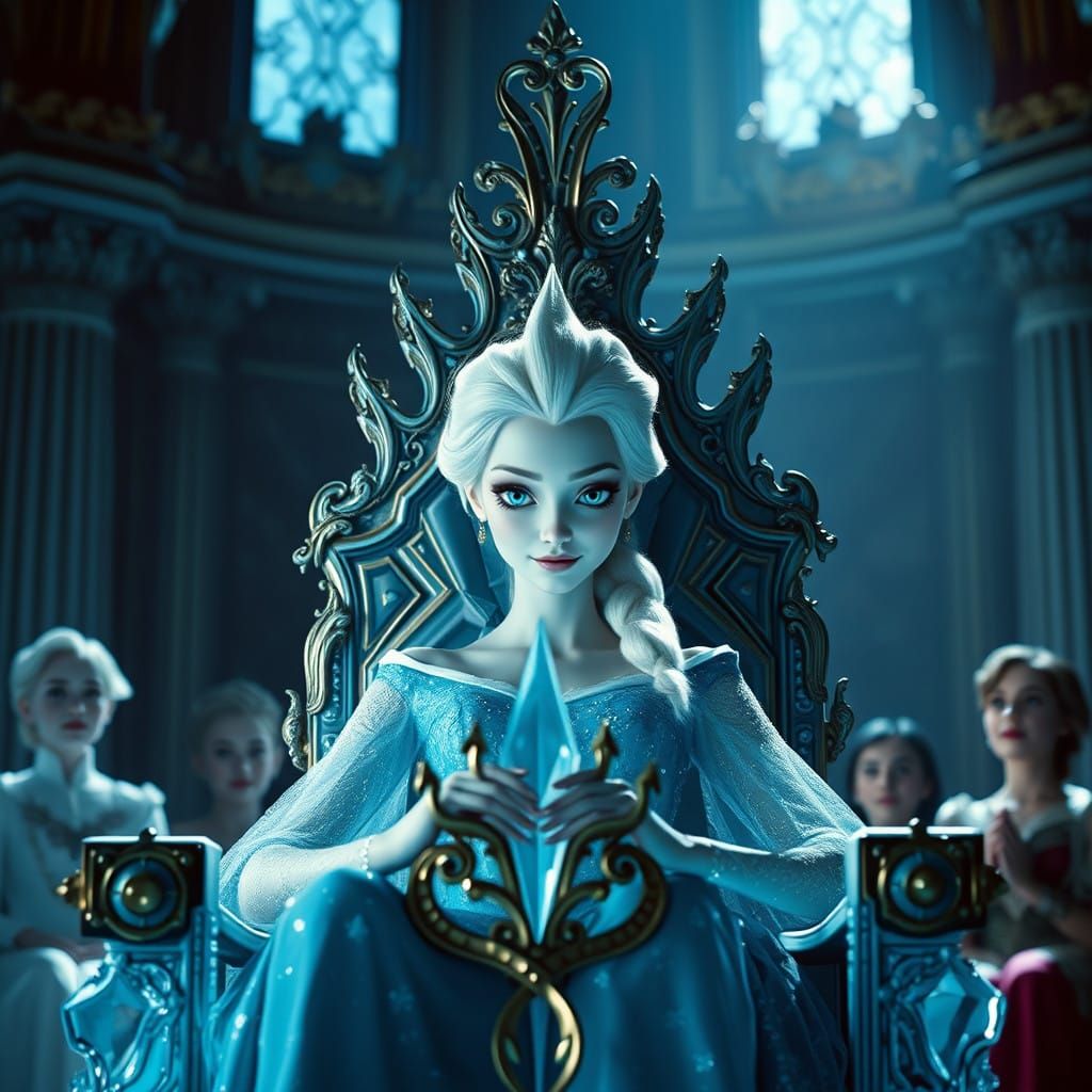 Rainha Elsa, de Frozen, com um sorriso calmo e triunfante, sentada em ...