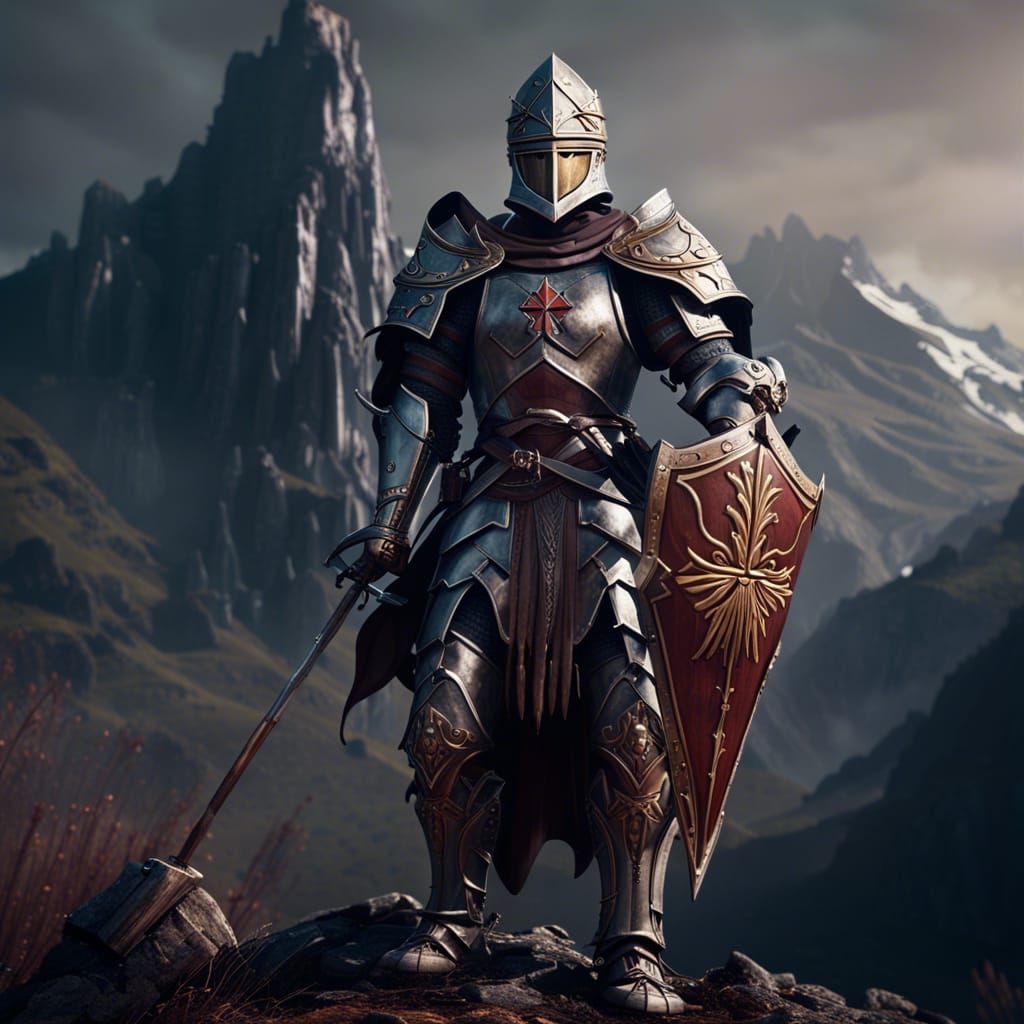 Templar, claymore, standing, mountain, heavy armor, gallant, regal ...