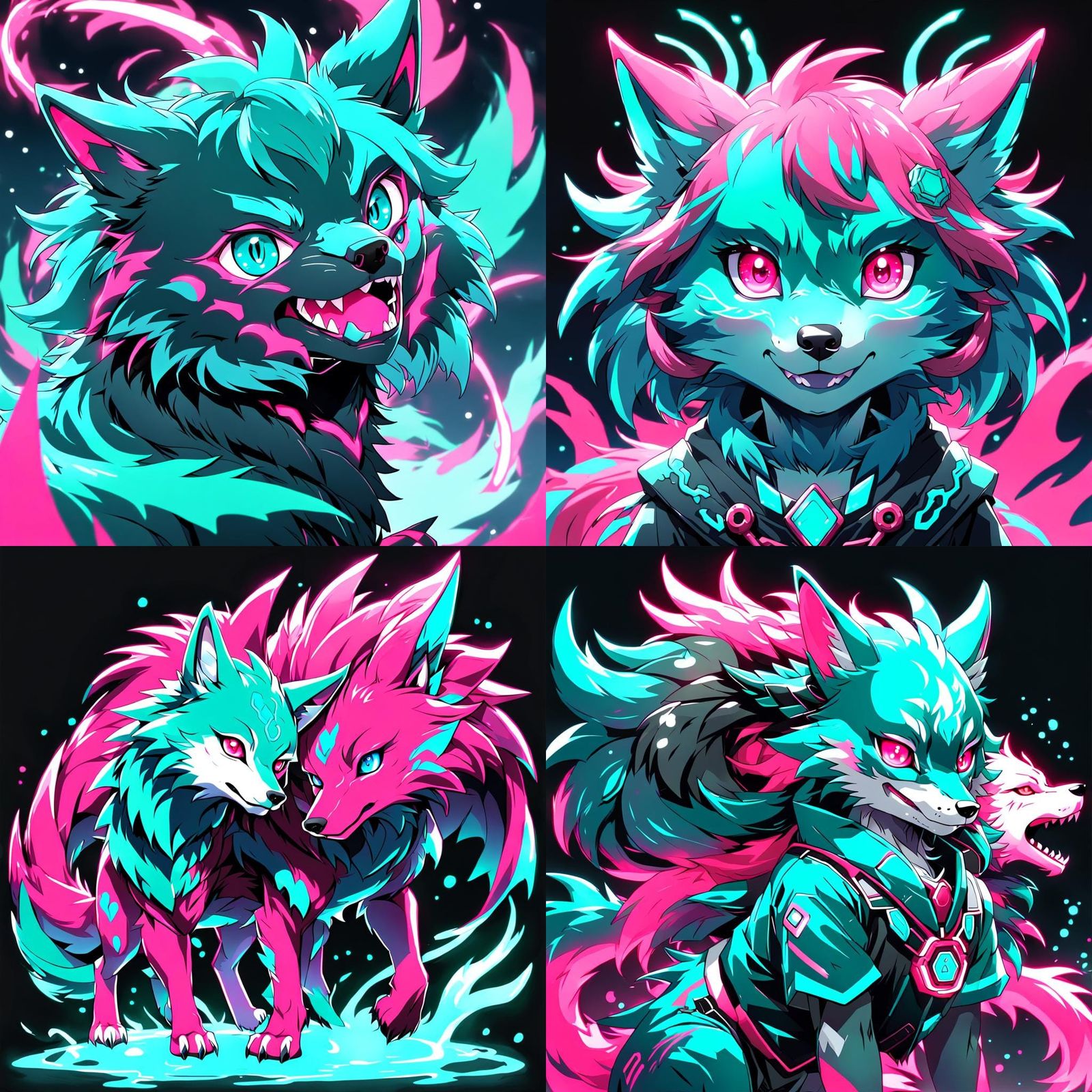 Cute neon pink and teal wolfs - AI Generated Artwork - NightCafe Creator
