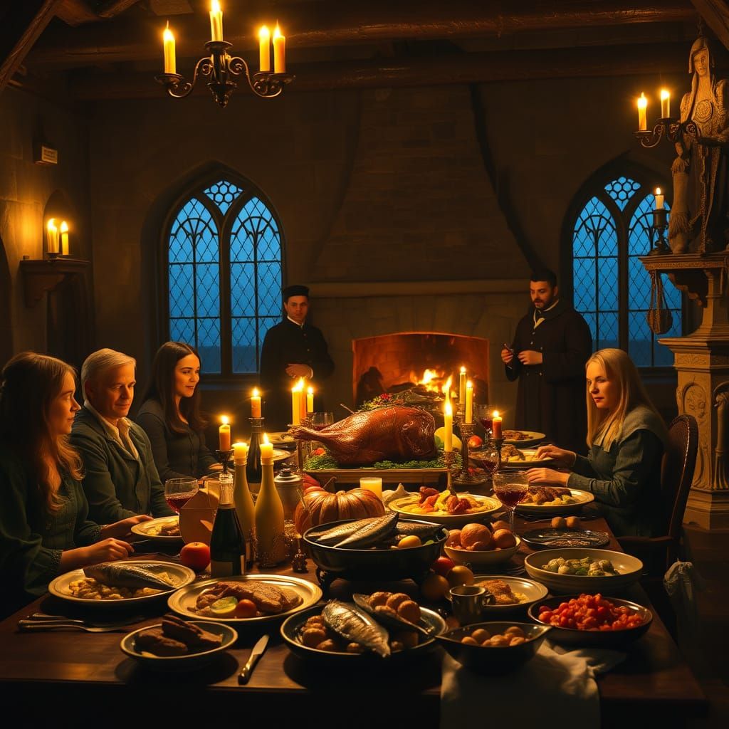 Medieval Feast in Warm, Intimate Dining Hall - AI Art