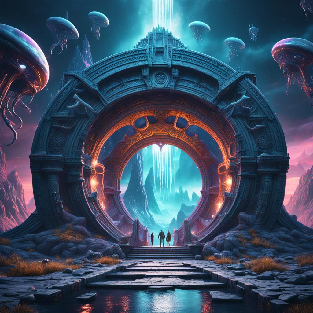 Ominous interdimensional portal with aliens detailed matte painting ...