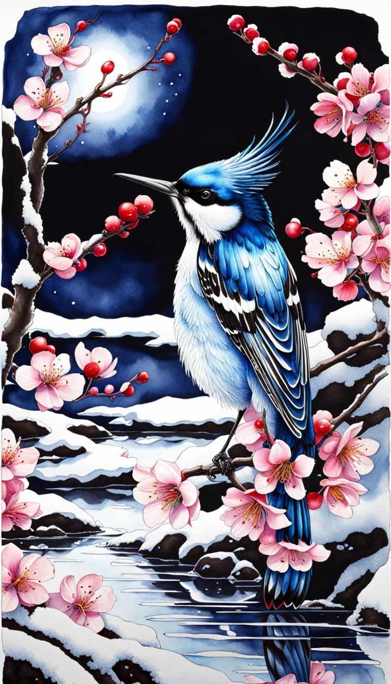 Beautiful fantasy bird, Moonlight reflected on bright shimmering snow ...
