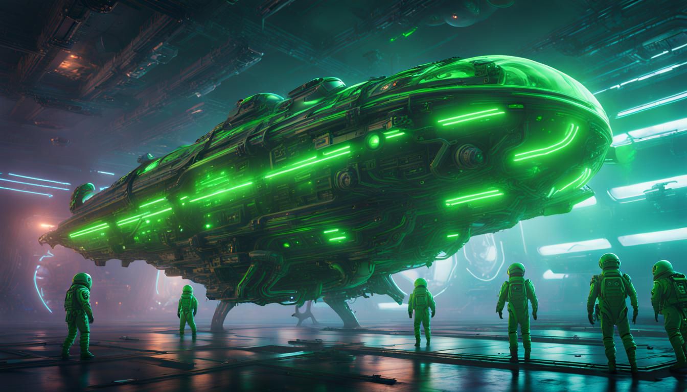 large foggy neon green spaceship in outer space orbiting Earth see ...