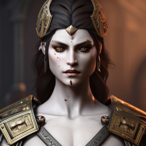 beautiful scarred female warrior, black armor, murderous, bloody ...