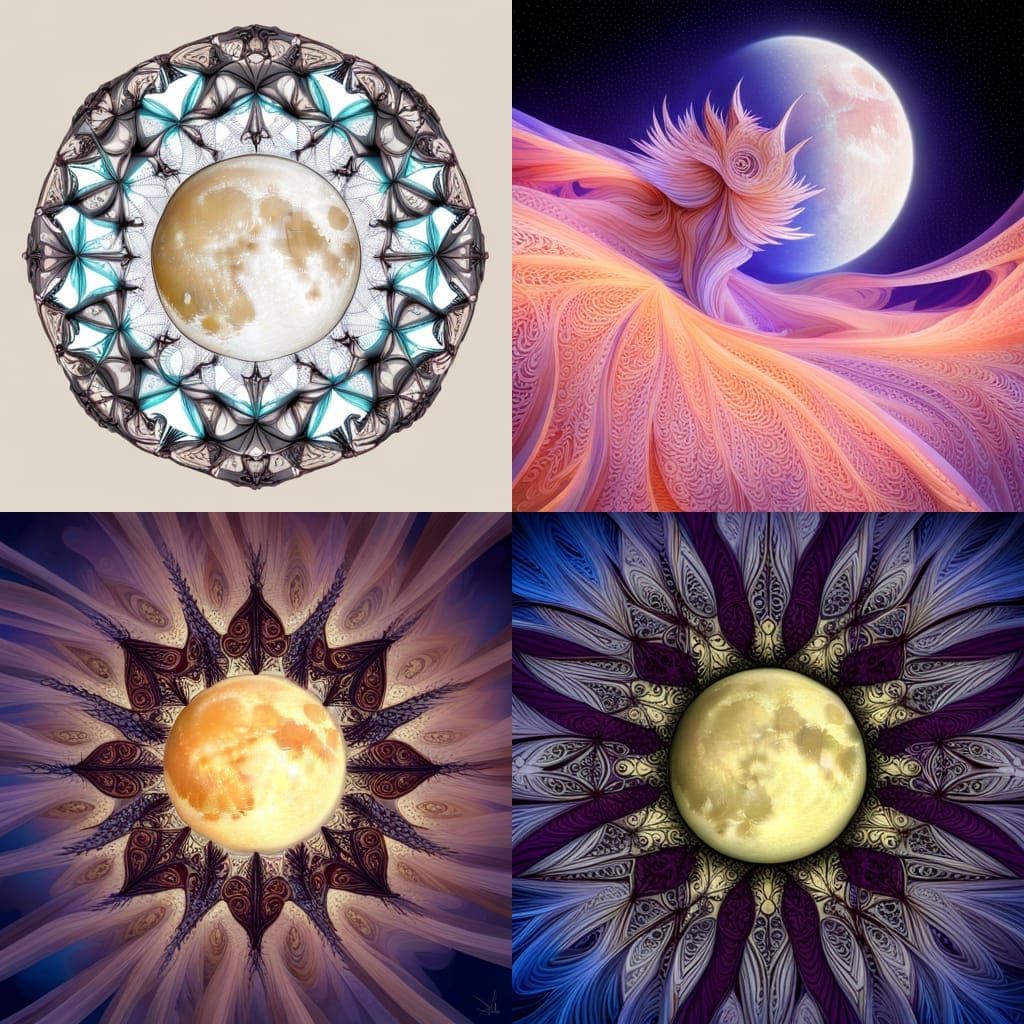 "Filigree moon made of lace and ribbons, surrounded by crystalline ...