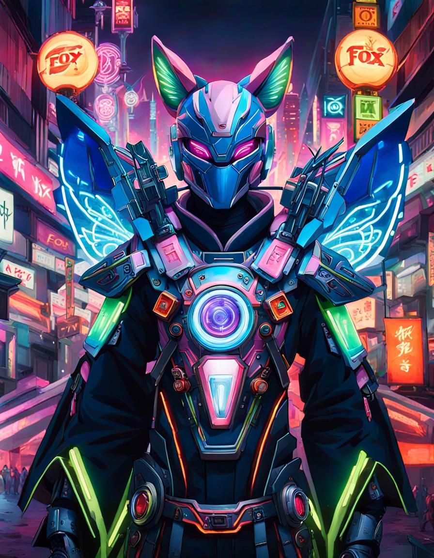 (masked robot magical fox with cyber protective mask, many demon ...