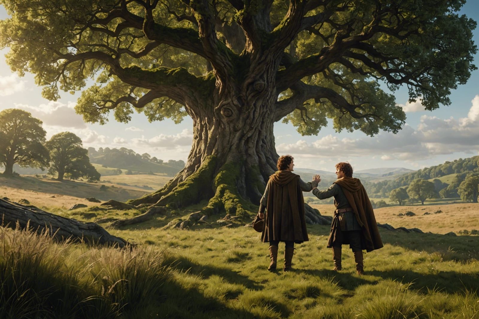 Frodo Baggins and Samwise Gamgee highfive in a field with a large oak ...