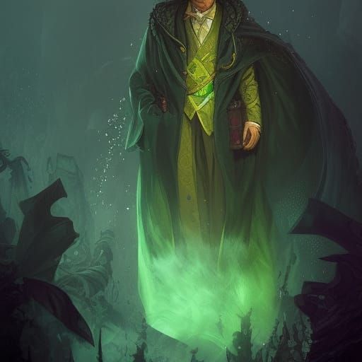 A mage in a green hooded cloak and wearing a suit. dark fantasy concept ...