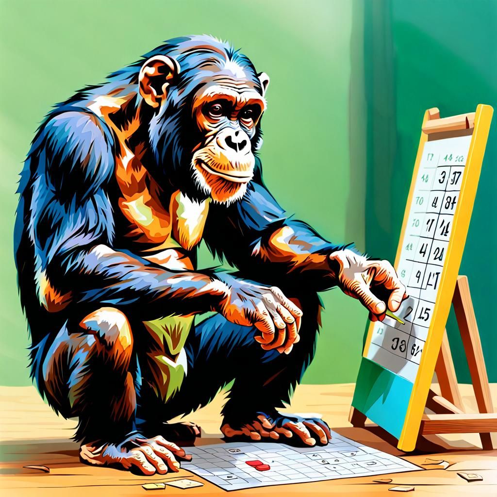 An Adult chimpanzee teaches math to little chimpanzees. write and draw ...