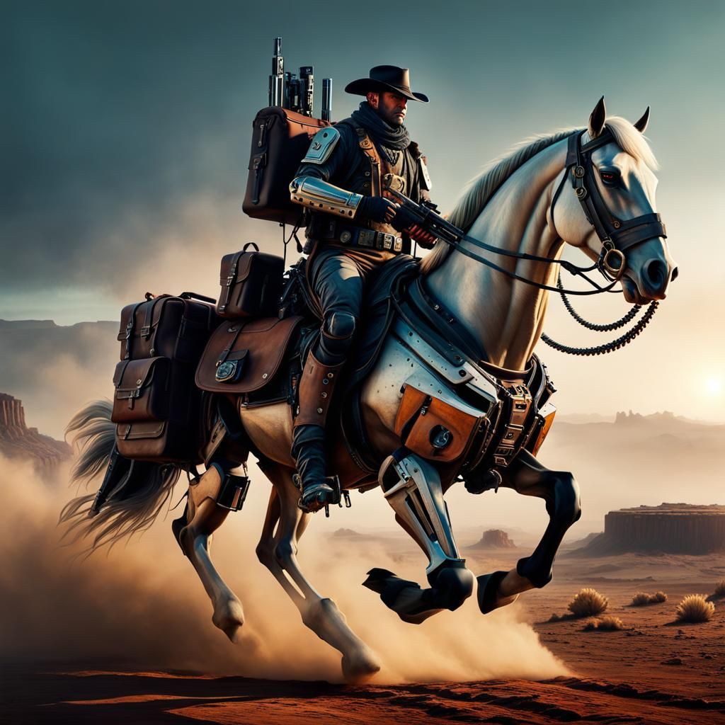 Cyber cowboy cyborg riding a mechanical diesel powered robotic horse ...