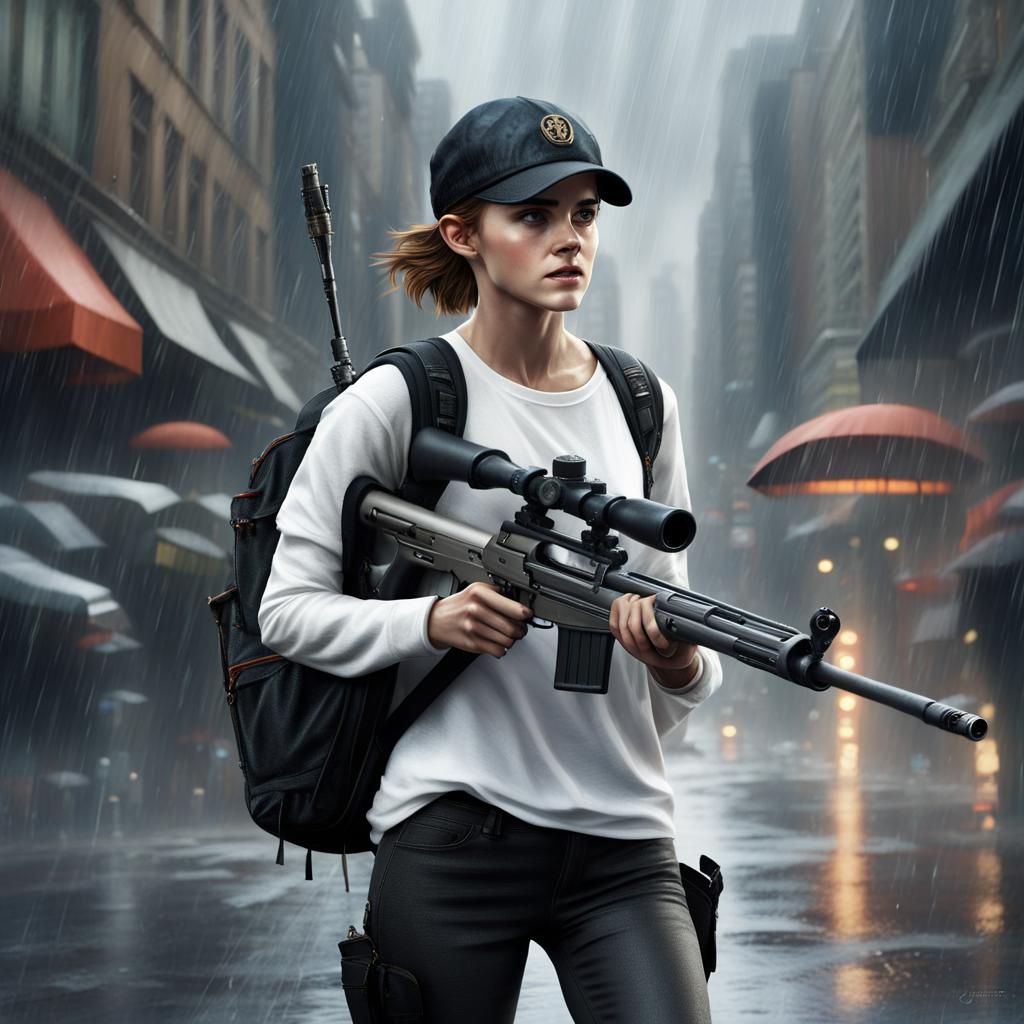 actress emma watson wearing white t-shirt, black cap, backpack, she's ...