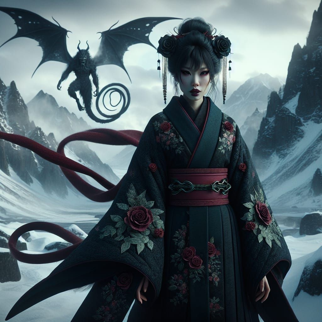 beautiful Evil Japanese geisha wearing a Black winter kimono decorated ...
