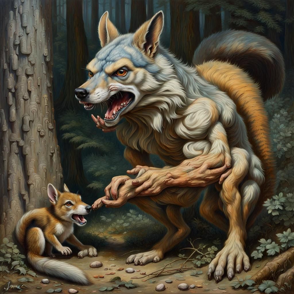 creature with a wolf's head and wolf's body with a humongous squirrel ...