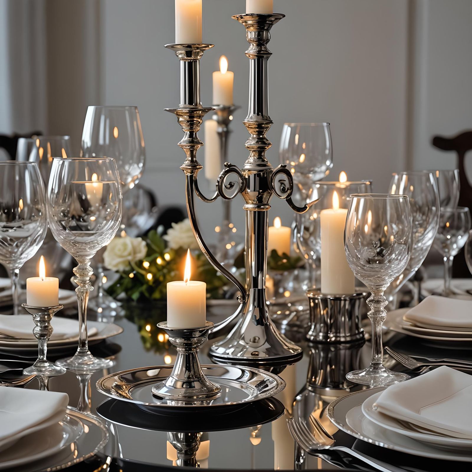 Closeup professional photograph reflection of a luxuryous dinner table ...