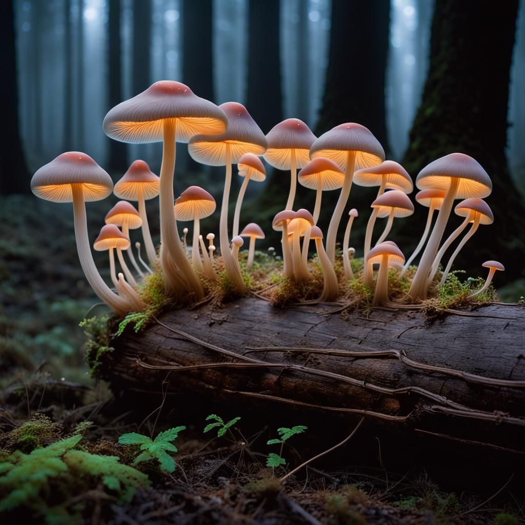 Bioluminescent Mycena roseoflava mushrooms growing form a log. Glowing ...