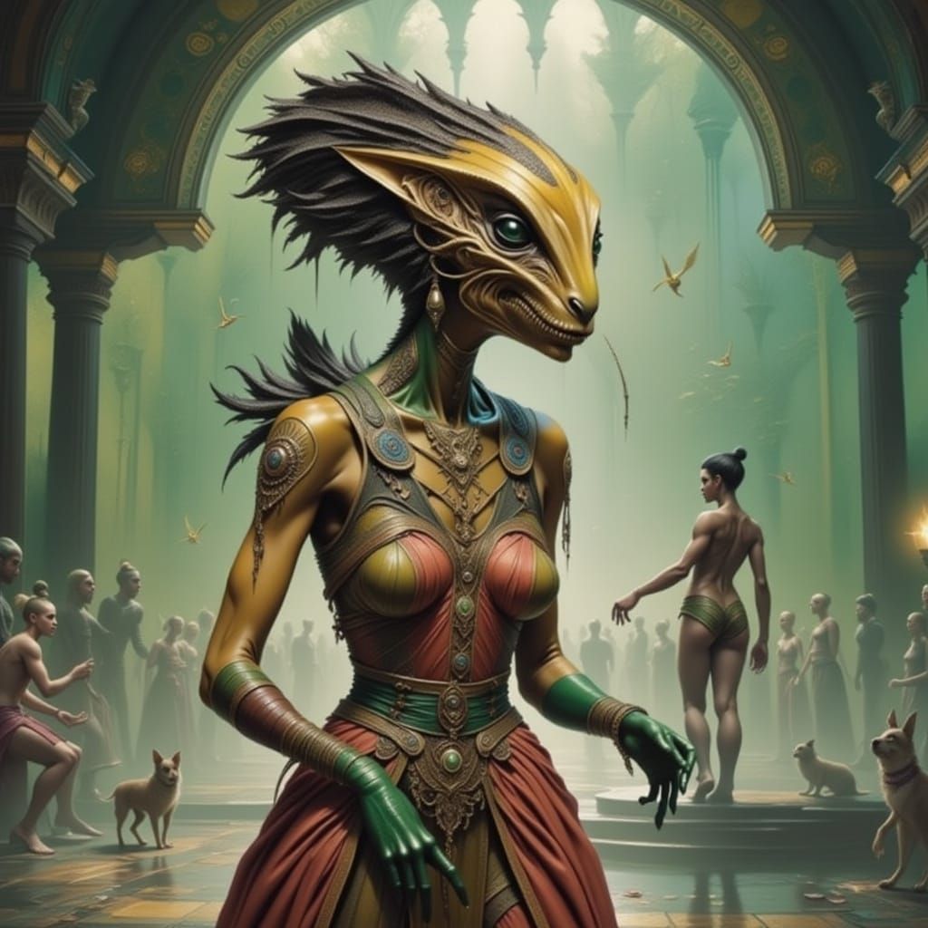 Ethereal Alien Dancer in Vibrant Golden Attire - AI Art