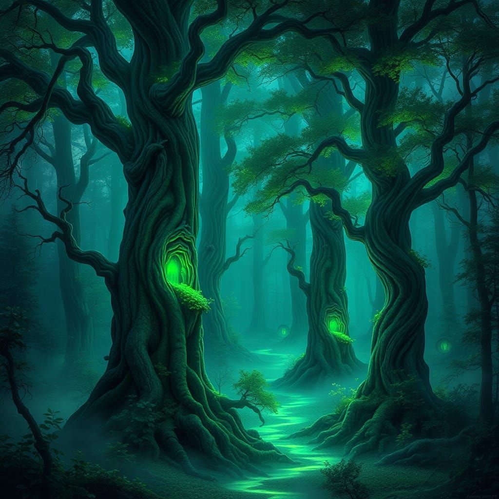 Ethereal Forest Radiates Bright Green Light in Whi... - AI Art