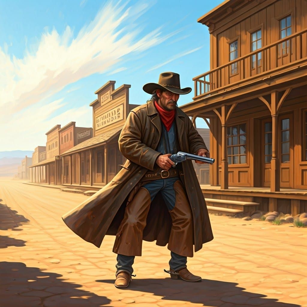 Duel in the Old West, saloon and Sandy street background