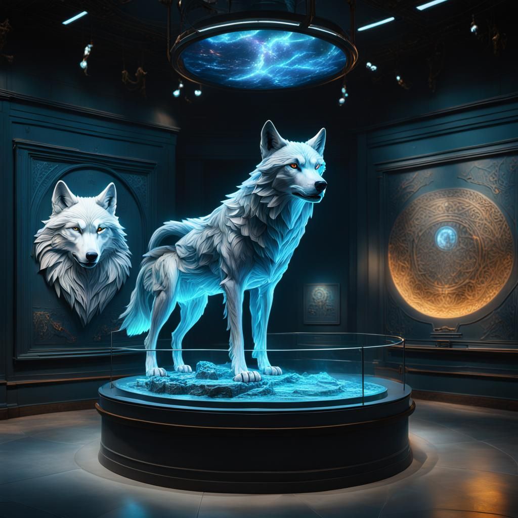 Holographic wolf display in a museum