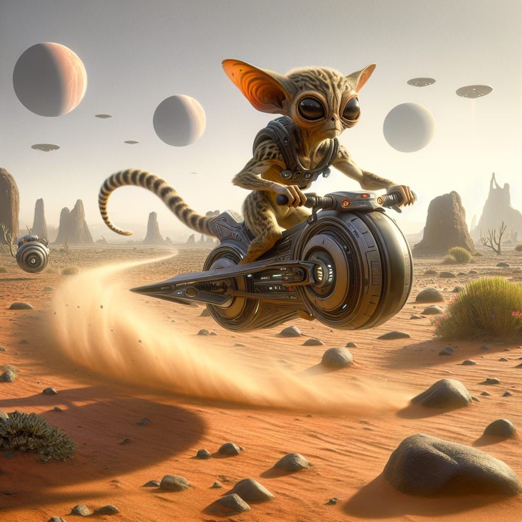 felinoid type alien, with large eyes and ears, tiger stripe skin ...