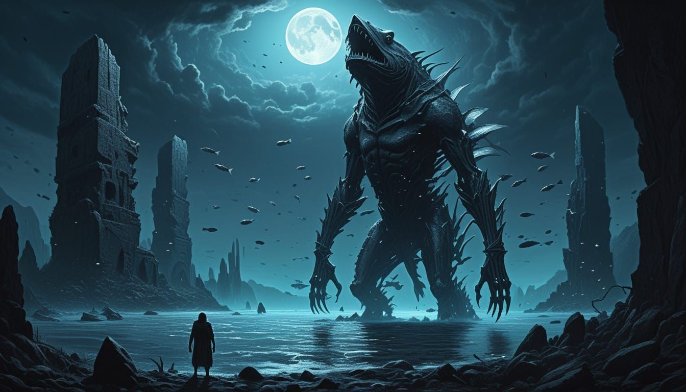 Giant Humanoid Catfish Adorns Ancient Monolith in ... - AI Art