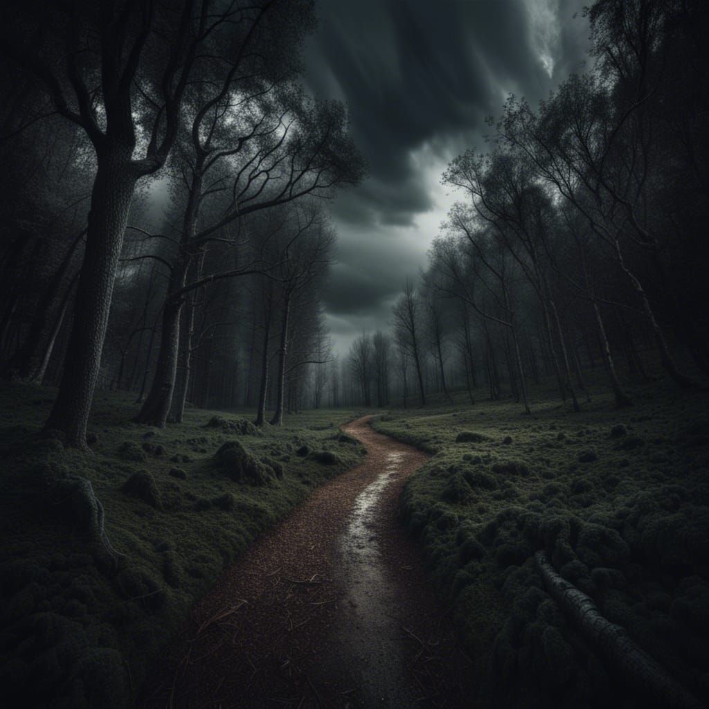 A dark forest path under a stormy sky, captured in high-resolution ...