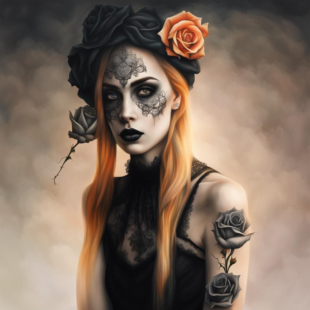 Beautiful woman photo realistic gothic roses portrait, oil on canvas ...