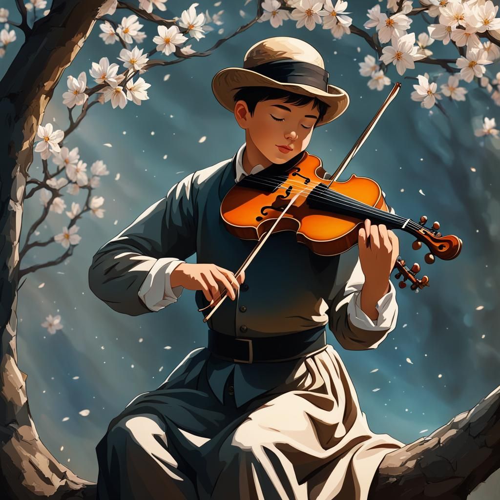 A fiddler boy plays sweet melody, beautiful face, bird in an almond ...