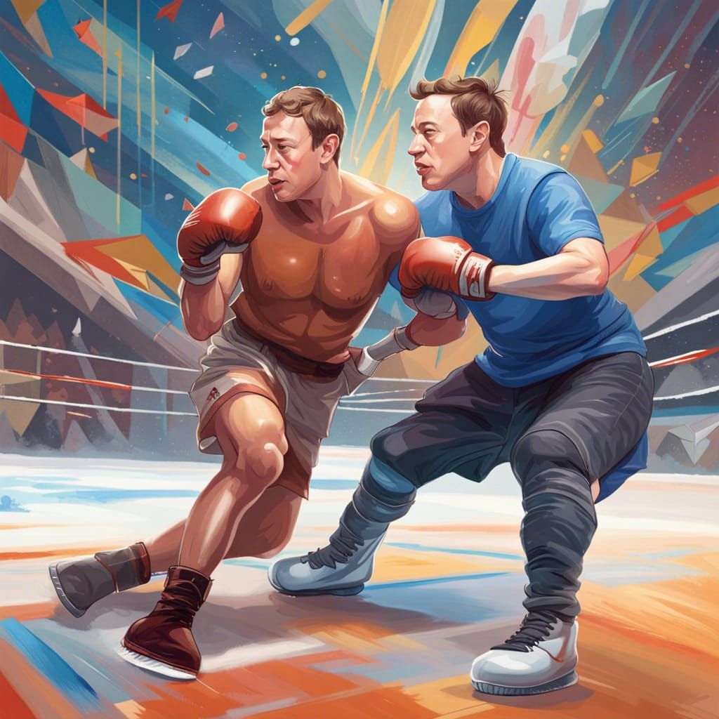 Boxer Mark Zuckerberg knocks down boxer Elon Musk on a rink. - AI ...
