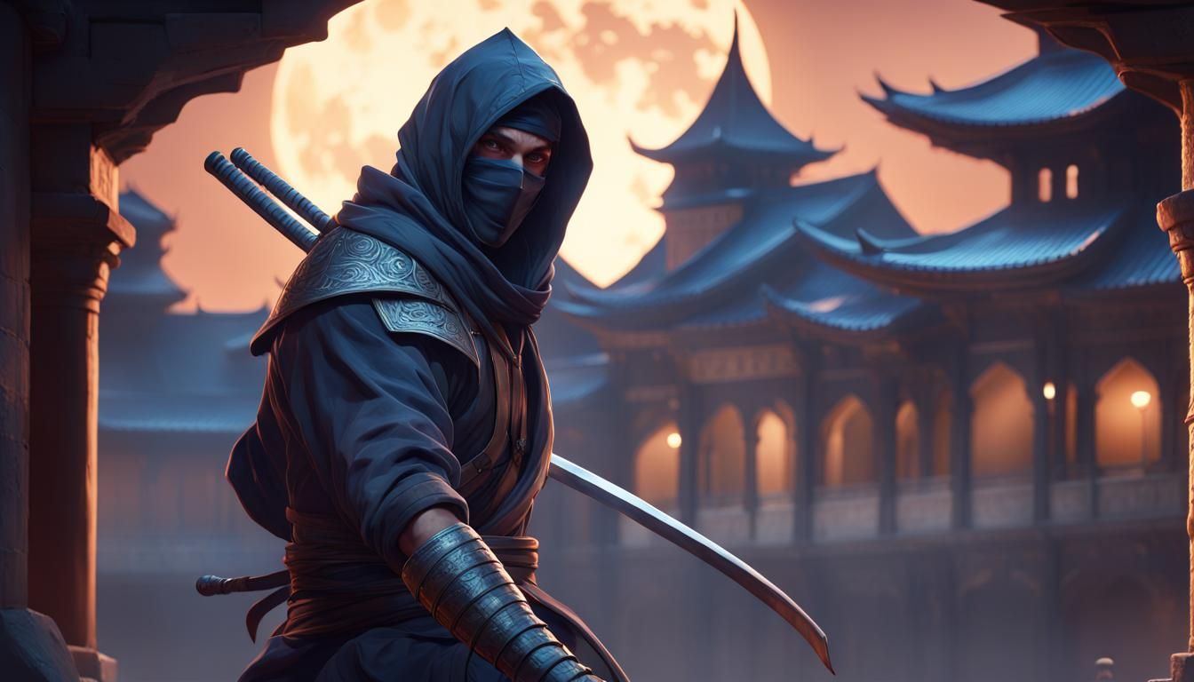 A lone ninja in the courtyard of castle under the moonlight - AI ...