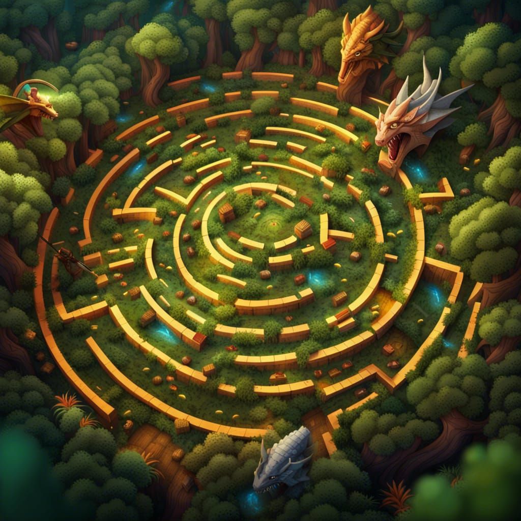 Top view maze in a fantasy forest with dragons, fairies and dwarfs, the ...