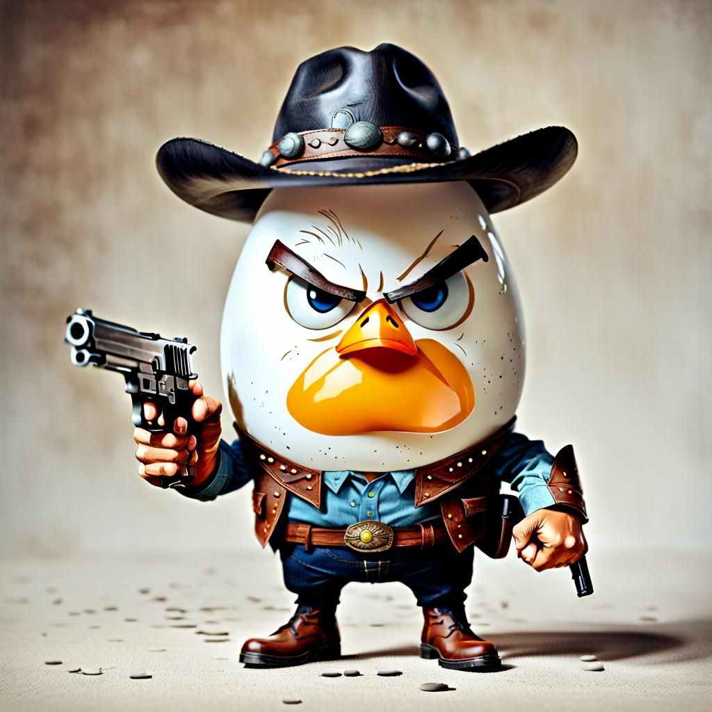 Cowboy Egg Holds Gun in Fierce Western Attire - AI Art