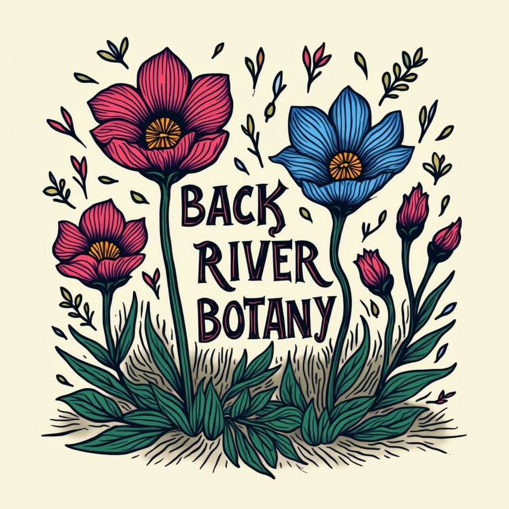 Psychedelic Botany Logo with Spring Flowers and Te... - AI Art