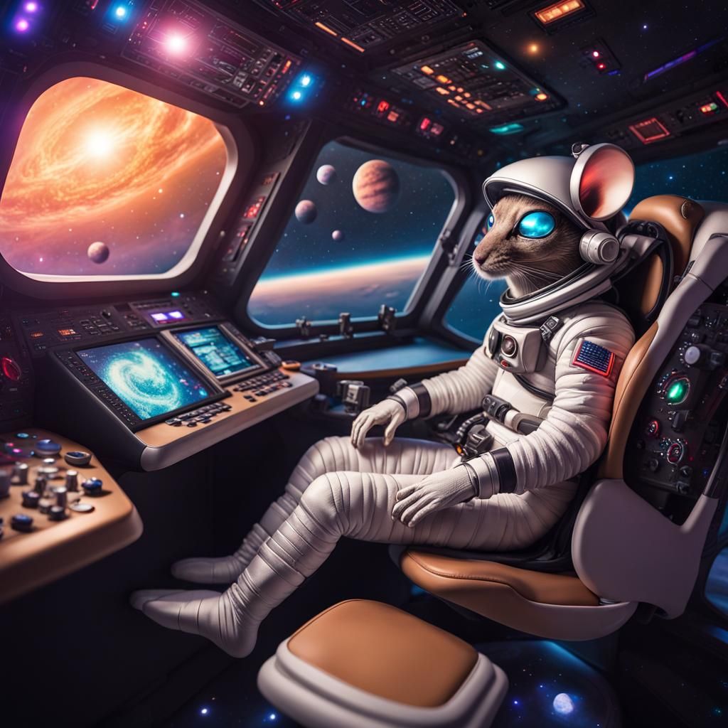 Photograph, Macro, alien mouse dressed as astronauts are in the seats ...