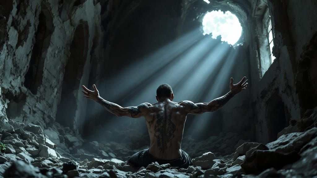 Why? - A Scrawny Man Kneels in Prayer at a Ruined Church