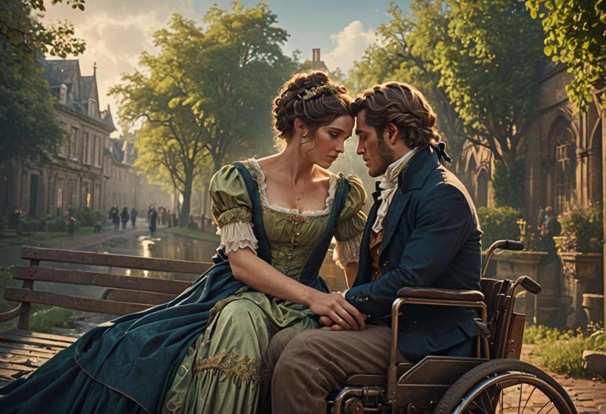 In the style of a romance novel. A regency Romantic Couple. The woman ...