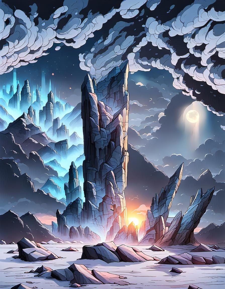 A glowing molten crystal cliff side, overlooking a ethereal sunset ...