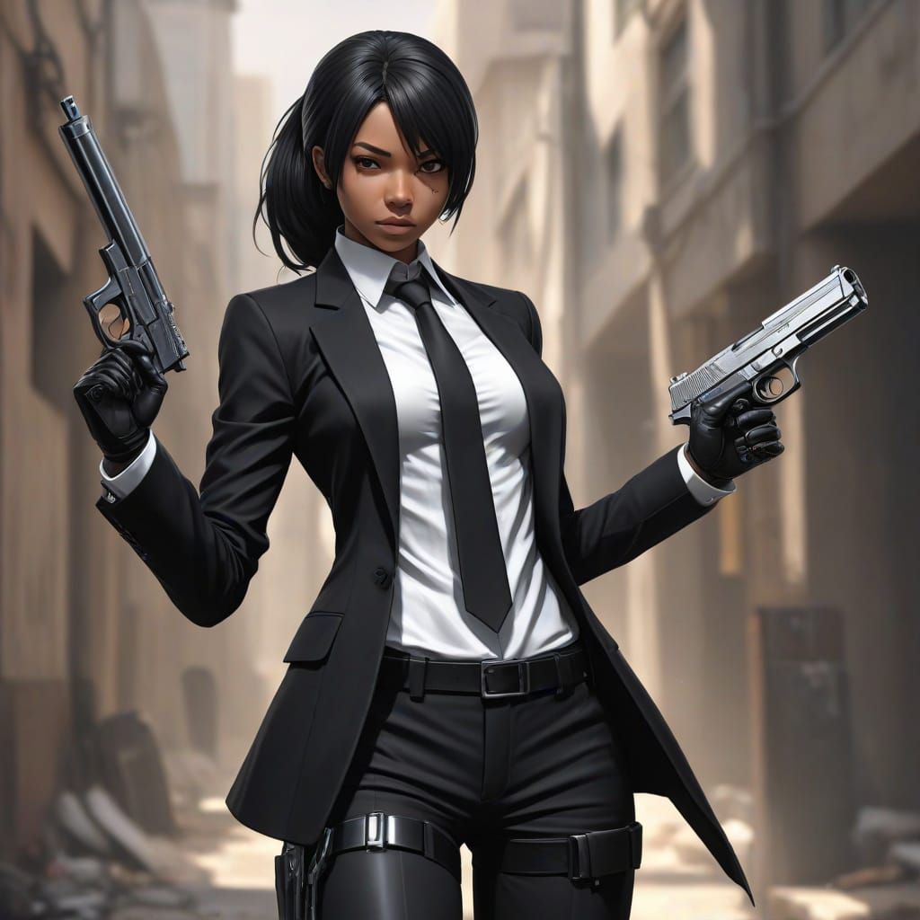 Sleek Assassin in Black Attire with Twin Pistols - AI Art