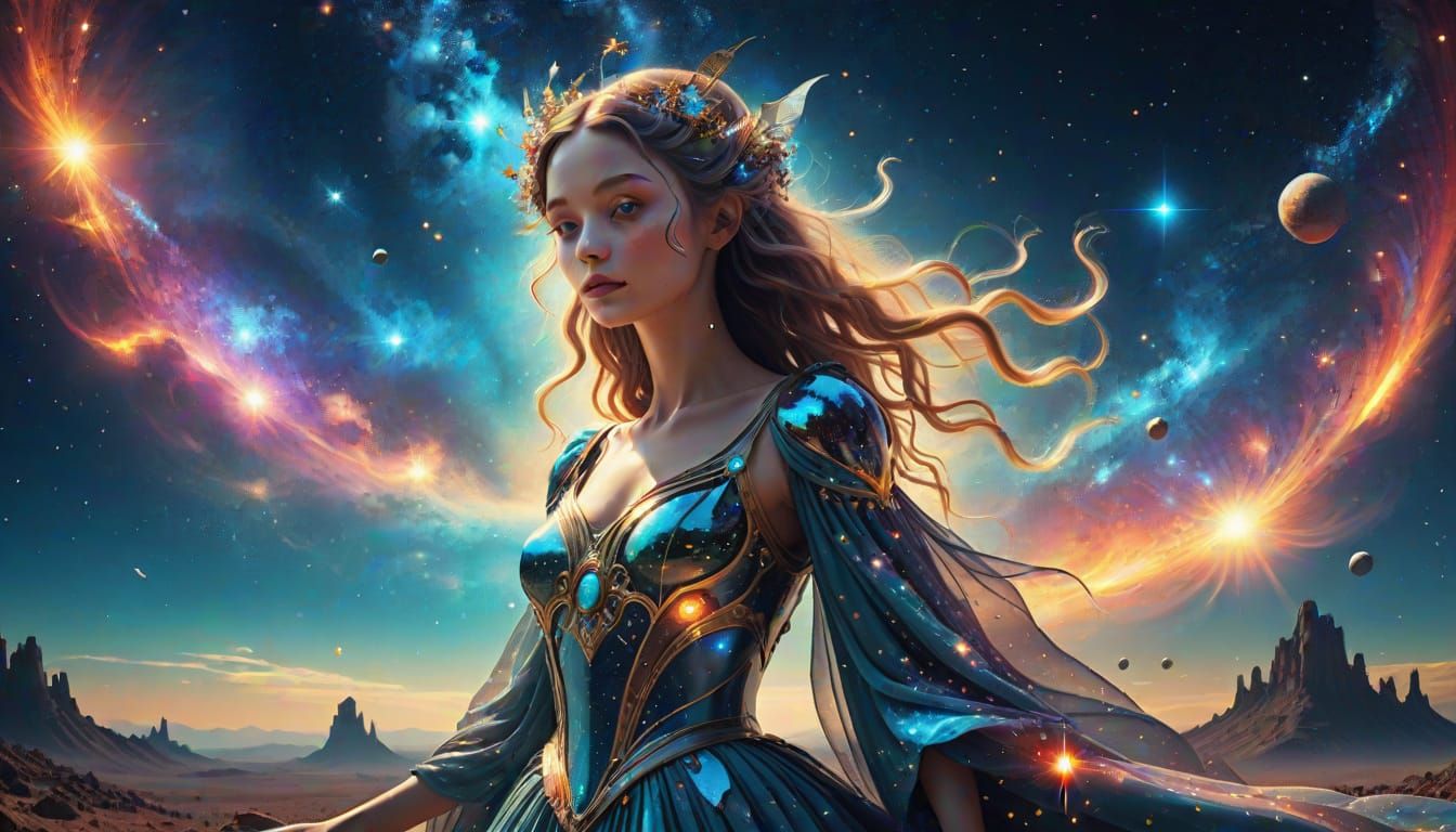 A cosmic fairy with wings with constellations, glowing with tiny stars.