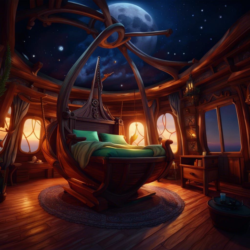 painting film still shot of elven dream bed room in a maigc flying ...