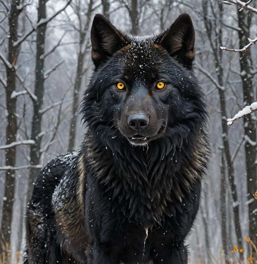 A captivating 3D render illustration of a black-furred alpha wolf with ...