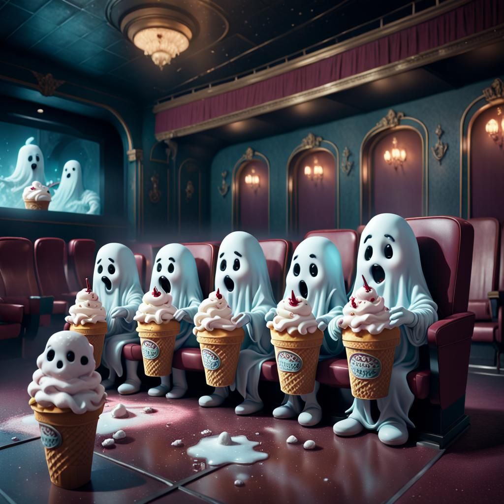 Tiny ghosts eating ice cream in a tiny movie theater - AI Generated Artwork - NightCafe Creator