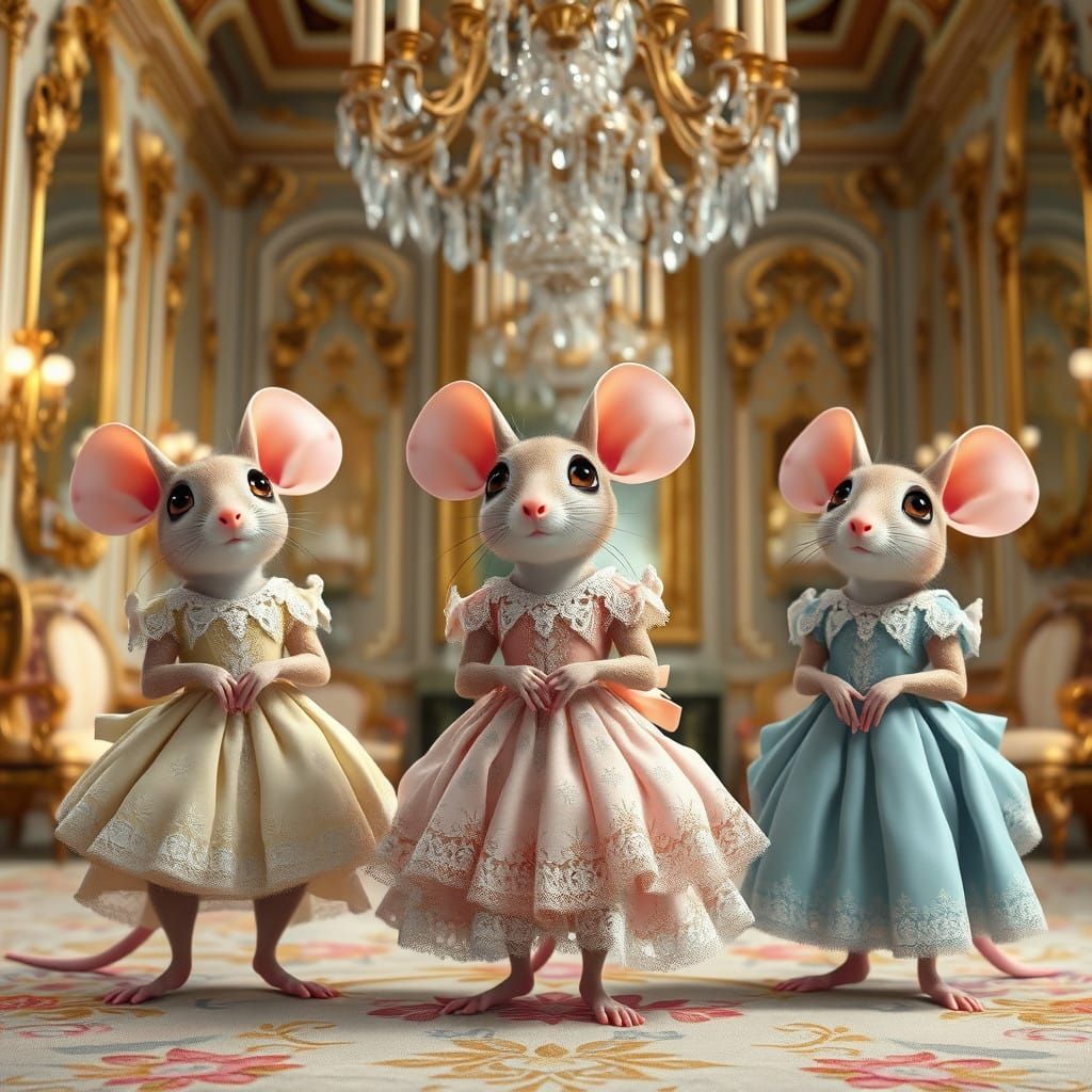 Three mice in colorful Rococo dresses standing uncertain in a luxurious ...