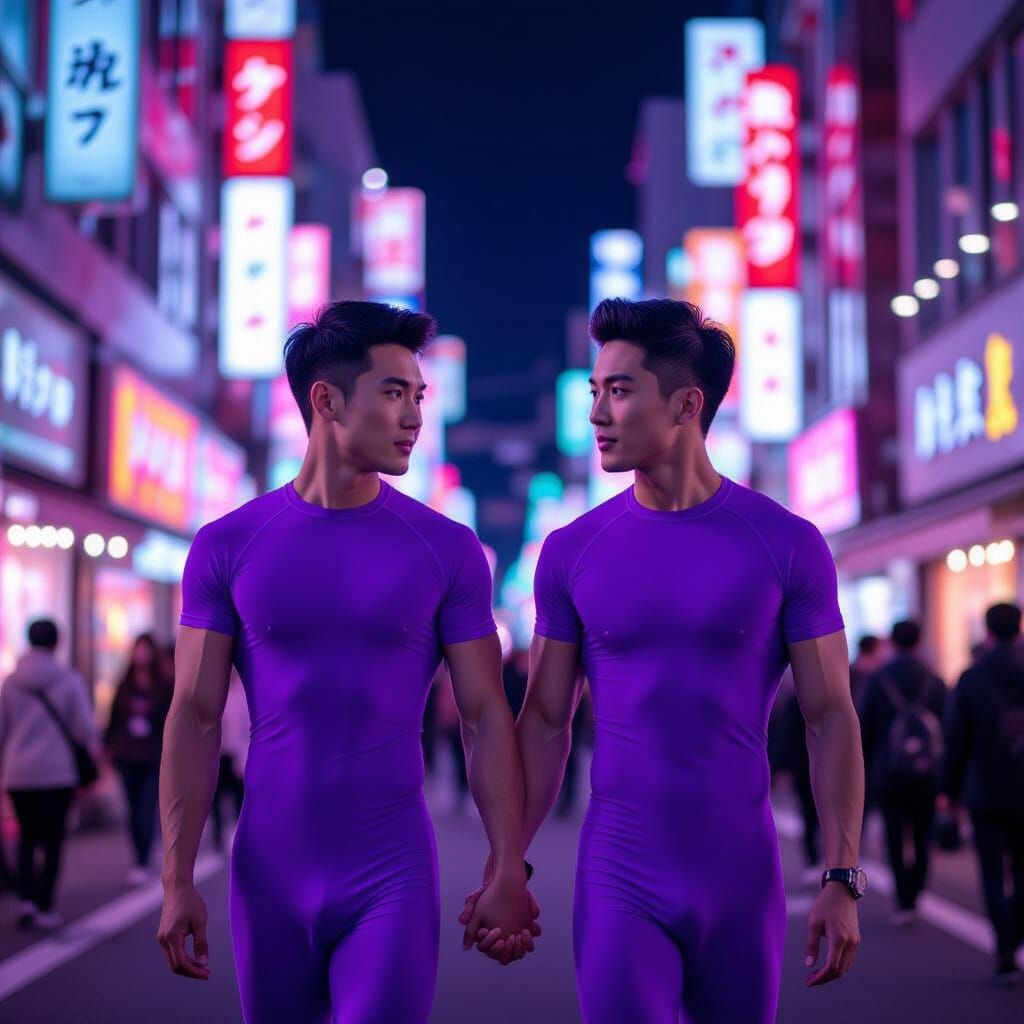 Two handsome men are walking hand-in-hand through a vibrant Tokyo street.
