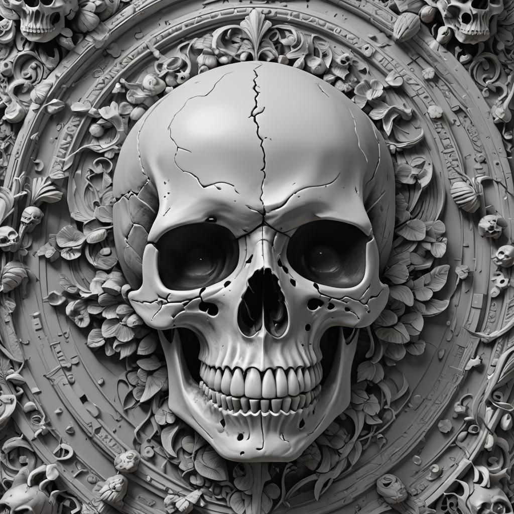 3d rendered bas relief carved skull black and white high definition 4k ...