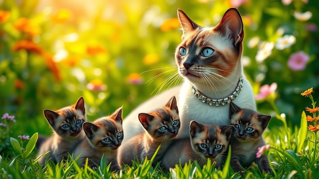 Thai Siamese Cat Mother and Kittens in Vibrant Sum... - AI Art