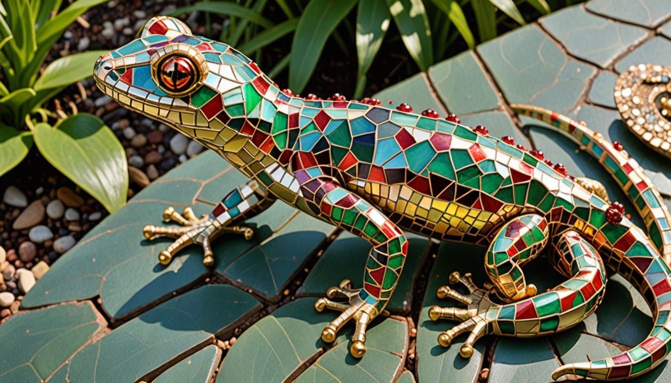 Surreal Garden Sculpture of a Majestic Golden Geck... - AI Art