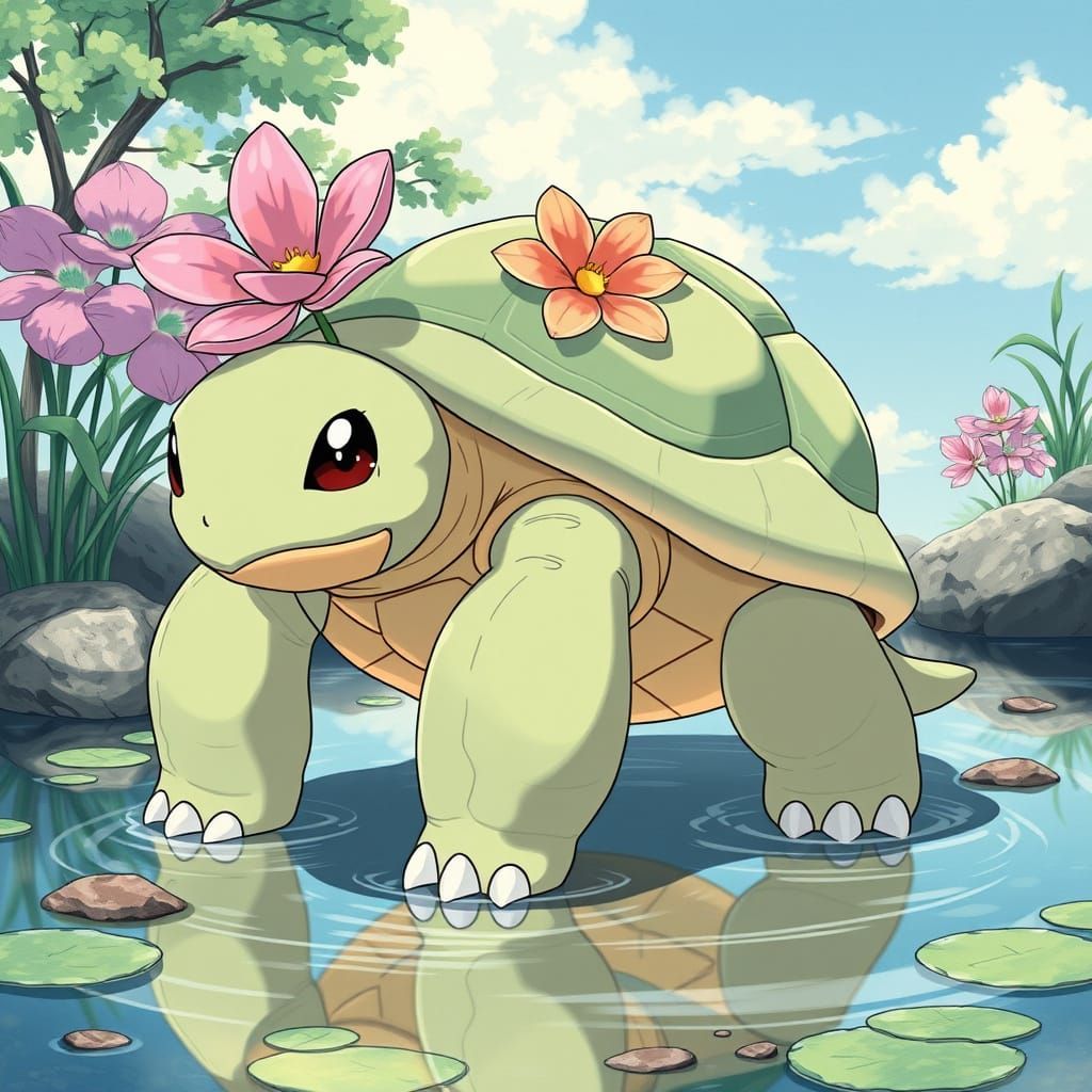 Majestic Bipedal Turtle Pokémon Adorns Serene Pond - AI Art