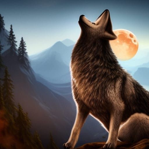 Wolf howling with moon and mountains and lake and waterfalls behind him ...